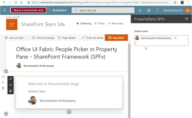 Office UI Fabric People Picker in Property Pane – SharePoint Framework (SPFx) – Ravichandran Blog