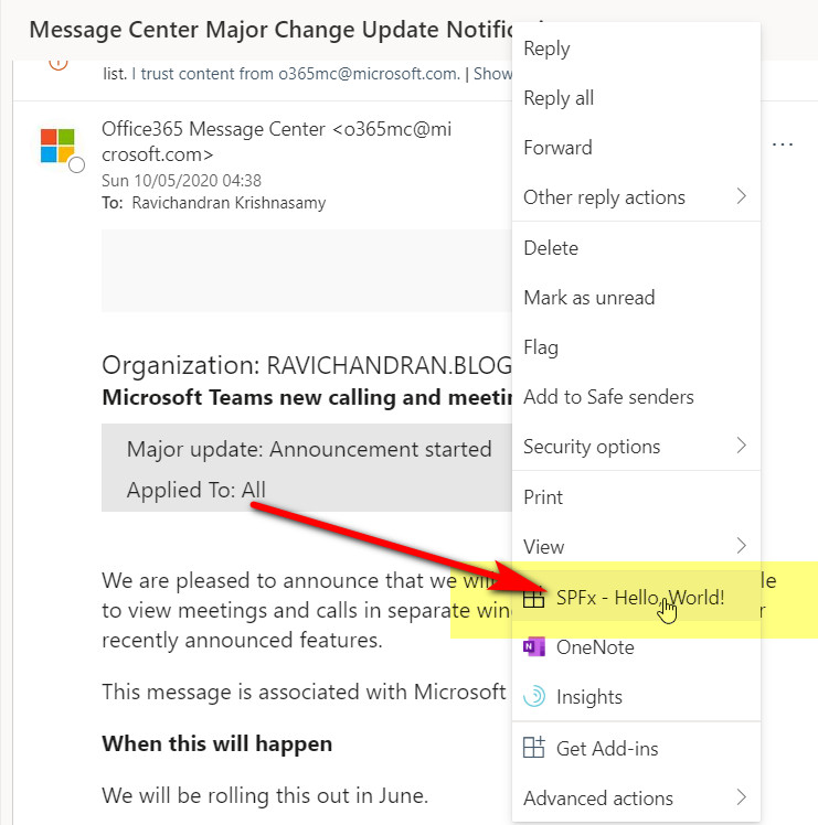 Hello World webpart in Outlook using SPFx – Ravichandran Blog