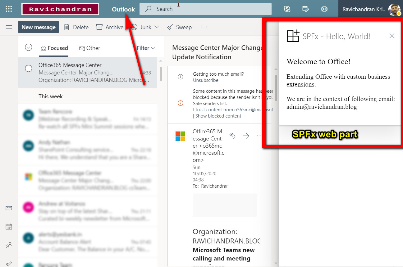Hello World webpart in Outlook using SPFx – Ravichandran Blog